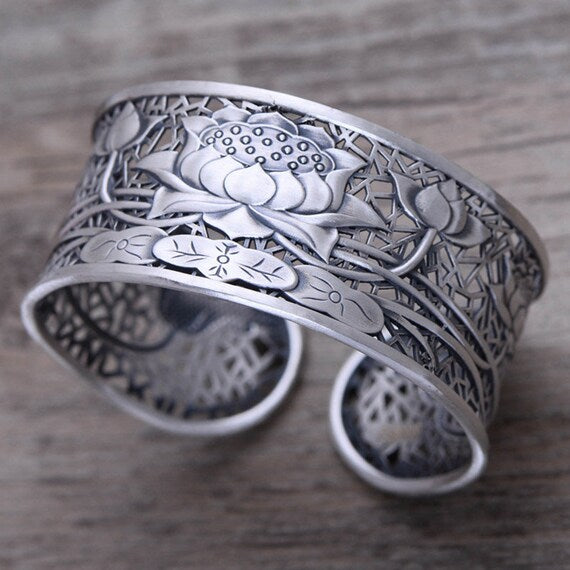 Silver Wide Lotus Cuff Bracelets ~ Women